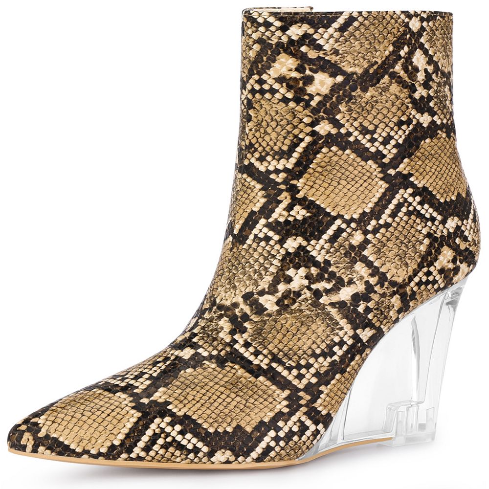 Women's Snakeskin Printed Ankle Boots Pointed Toe Wedge Clear Heels Boots