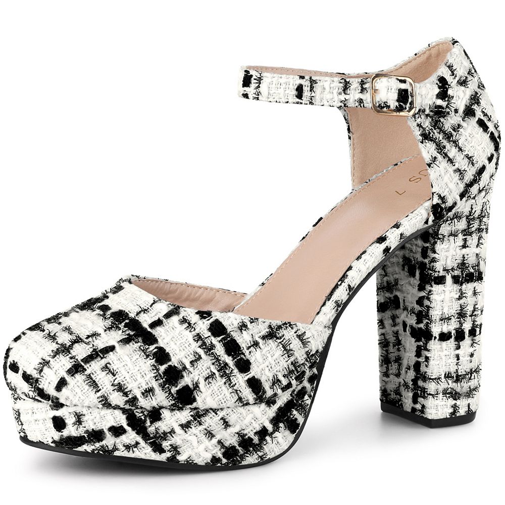 Women's Round Toe Platform Tweed Chunky Heels Pumps