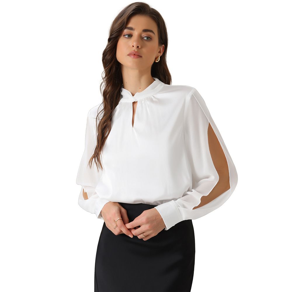 Satin Blouse for Women's Casual Office Twist Keyhole Neck Chiffon Slit ...