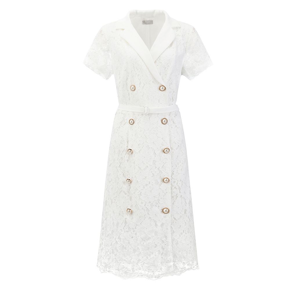 Women's Short Sleeve Lace Dress Lapel Collar Double Breasted Wedding ...