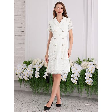 Women's Short Sleeve Lace Dress Lapel Collar Double Breasted Wedding ...