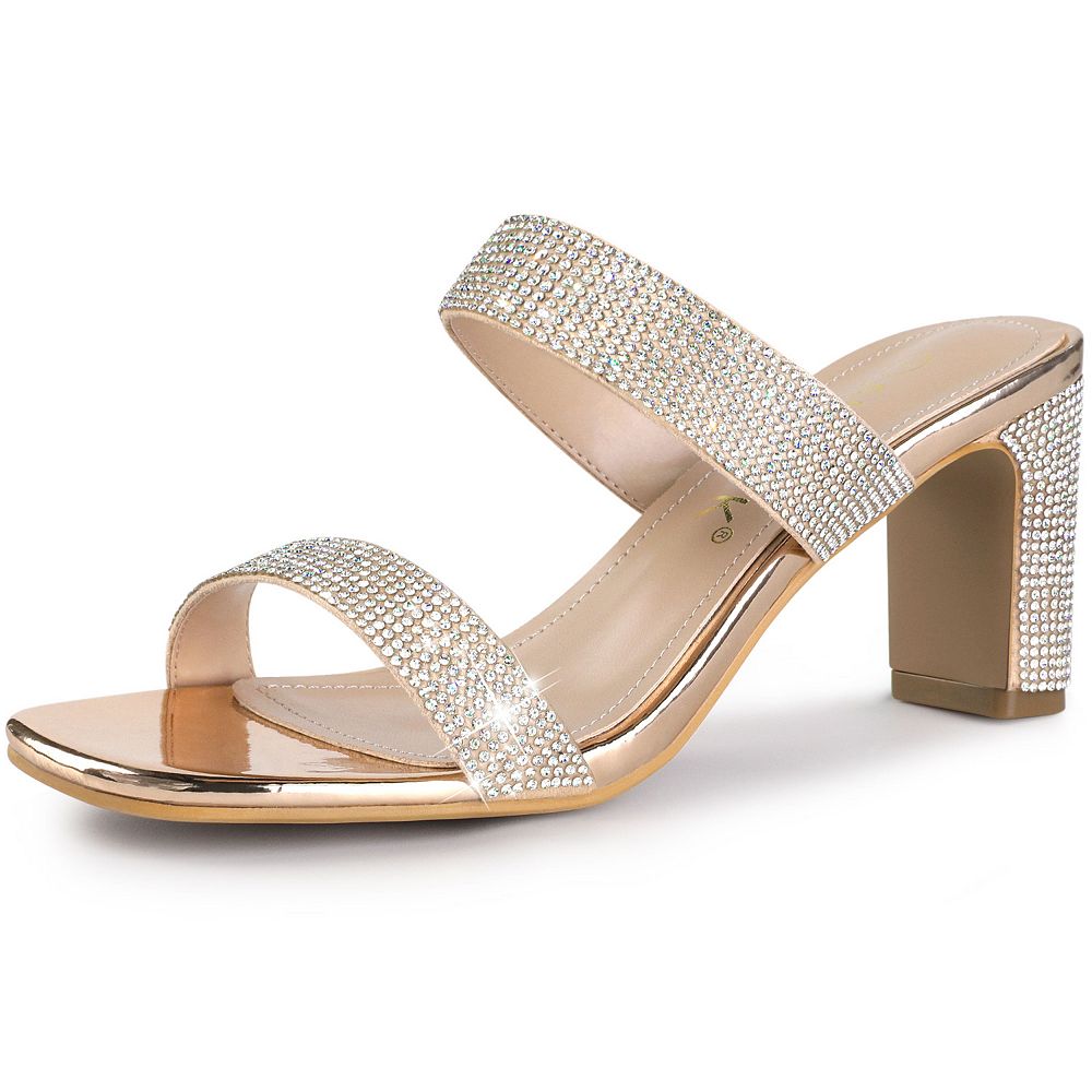 Women's Rhinestone Chunky Heel Slides Sandals