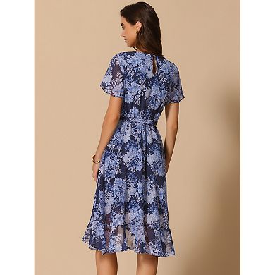 Women's Summer Floral Midi Dress High Low Hem Tie Waist Flowy Chiffon ...