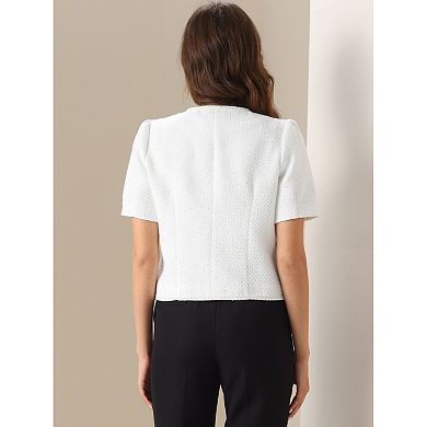 Tweed Collarless Blazer for Women's Work Cropped V Neck Short Sleeve Jacket