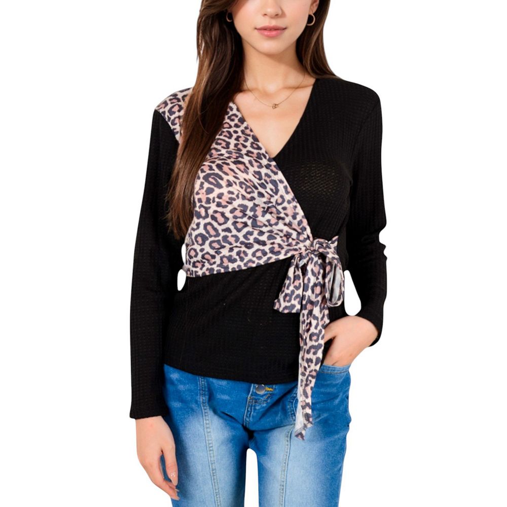 Women's Knit Top with Leopard Print Wrap and Tie Detail