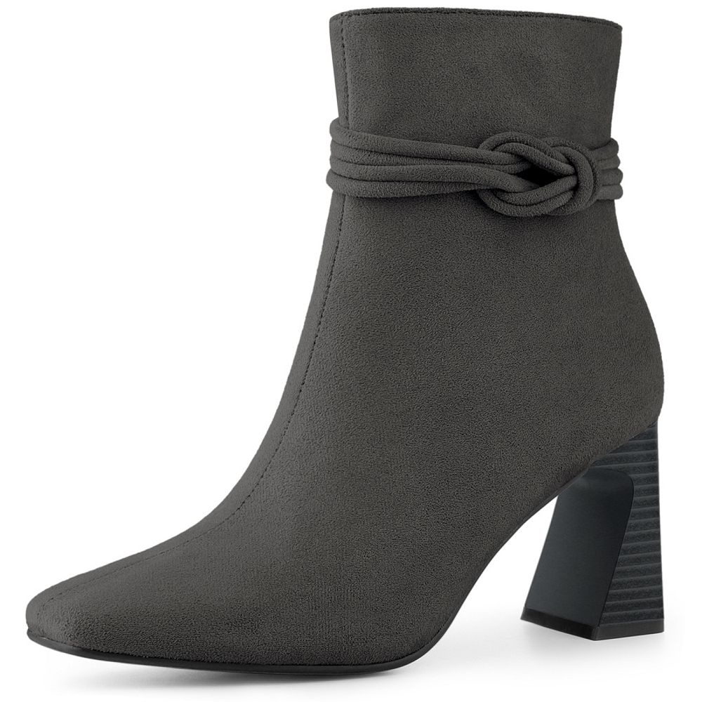 Women's Square Toe Knot Decor Chunky Heels Ankle Booties