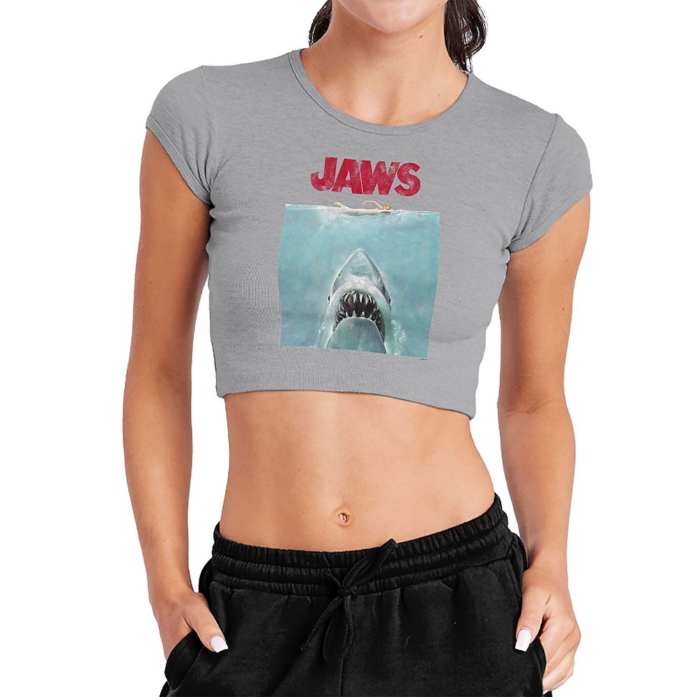 Juniors' Jaws Movie Poster 2 Baby Rib Cropped Graphic Tee