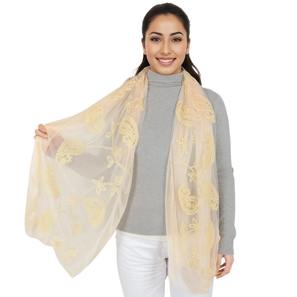 Women's Embroidered Floral Lace Scarf Solid Double Layered Faux Pearls ...
