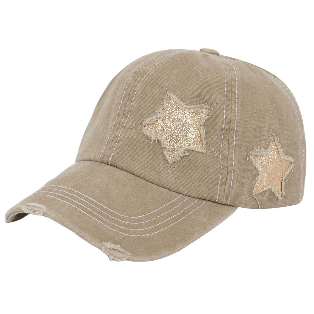Women's Baseball Cap Glitter Star Distressed Ponytail Hat High Messy ...