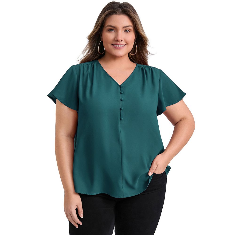 Plus Size Blouses for Women Pleated Ruffle Short Sleeve V Neck Button ...