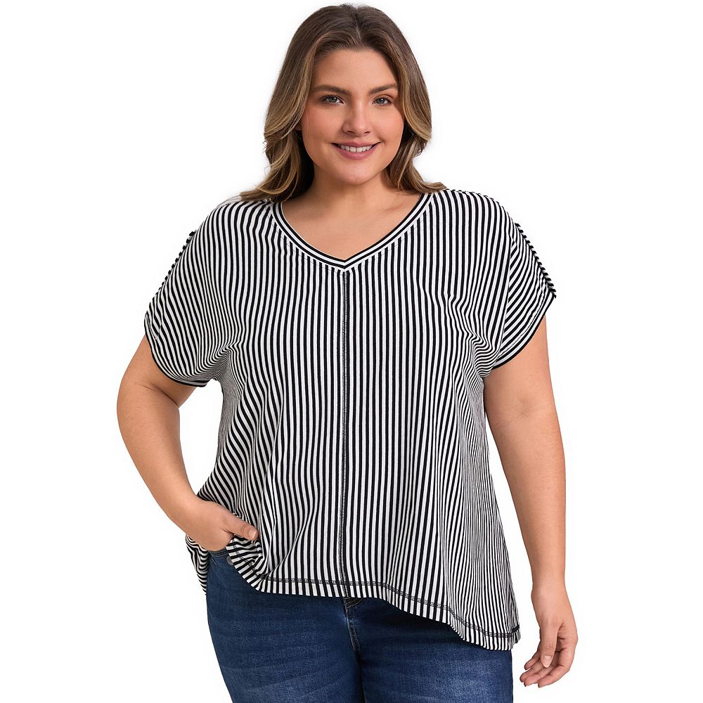 Plus Size Tops for Women Vertical Stripe V Neck Drop Shoulder Short ...
