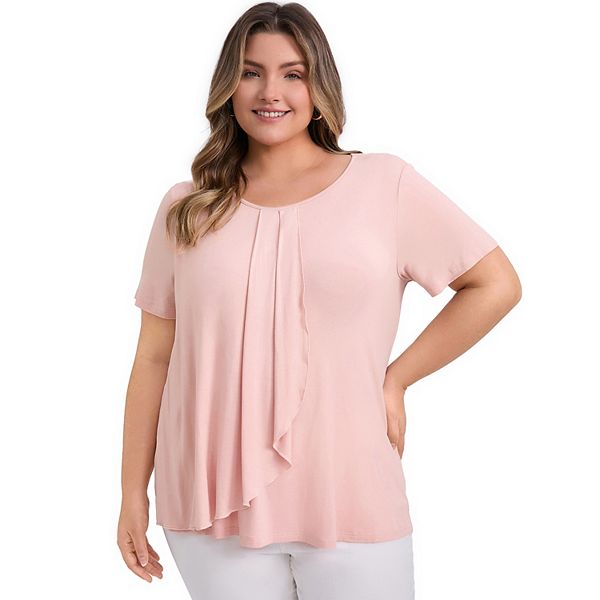 Plus Size Blouses for Women Round Neck Short Sleeve Pleated Overlaid ...