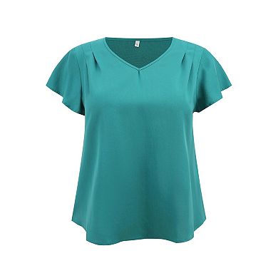 Plus Size Tops for Women Shoulder Pleated Ruffle Short Sleeve V Neck ...