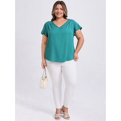Plus Size Tops for Women Shoulder Pleated Ruffle Short Sleeve V Neck ...
