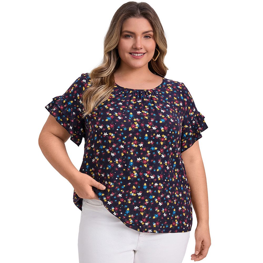 Plus Size Blouses for Women Floral Print Crew Neck Double Layer Ruffles ...