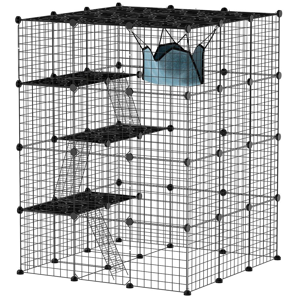PawHut Cat Cage Indoor, DIY 4 Tier Cat Enclosure with Hammock, Ramps ...