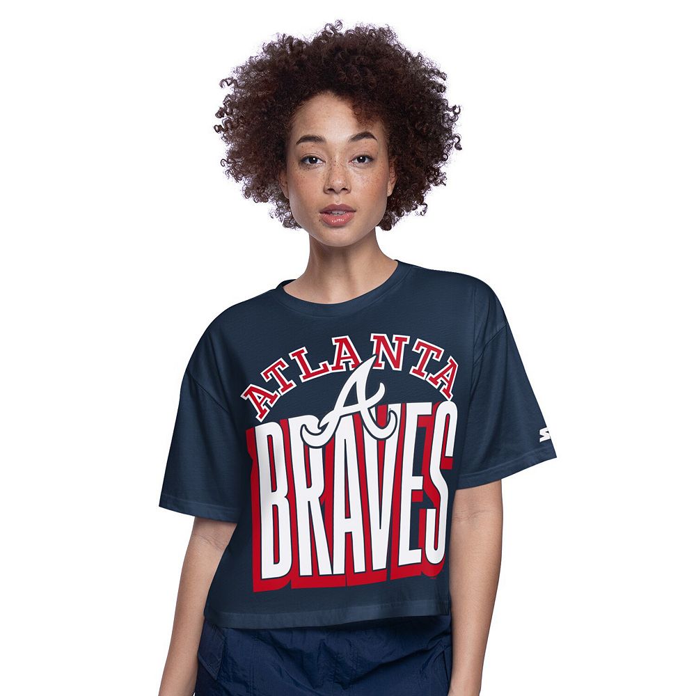 Women's Starter Navy Atlanta Braves Play the Ball Boxy Cropped T-Shirt