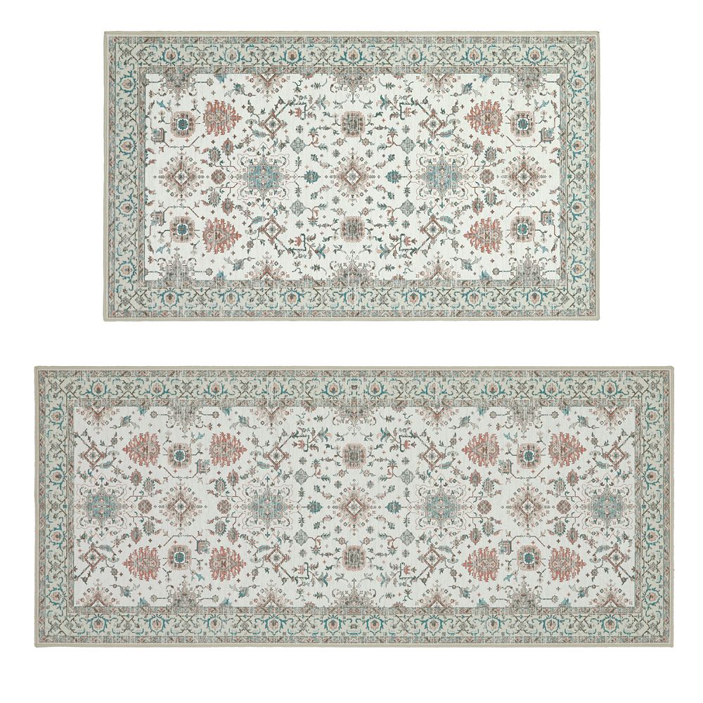 Laura Ashley 2-Piece Beige Aure Floral Washable Area Rug Set