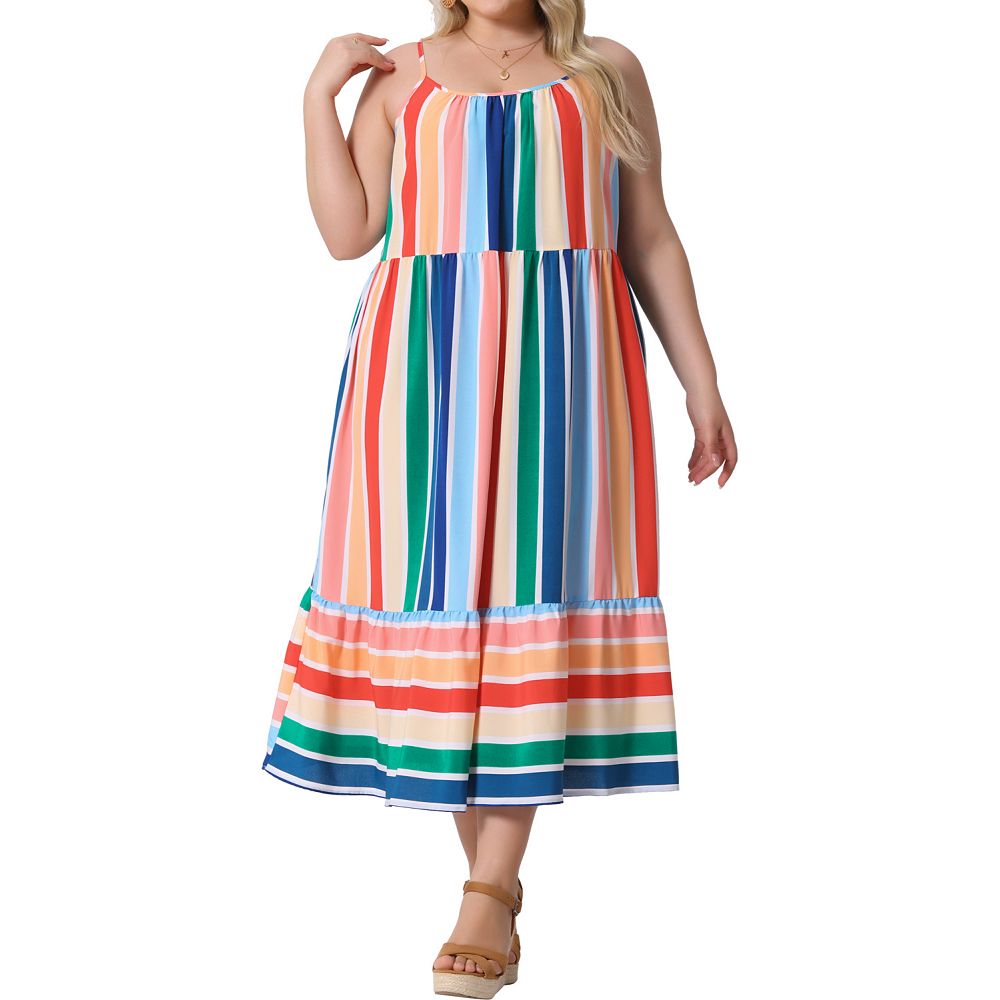 Women's Plus Size Striped Midi Cami Sundress with Adjustable Straps