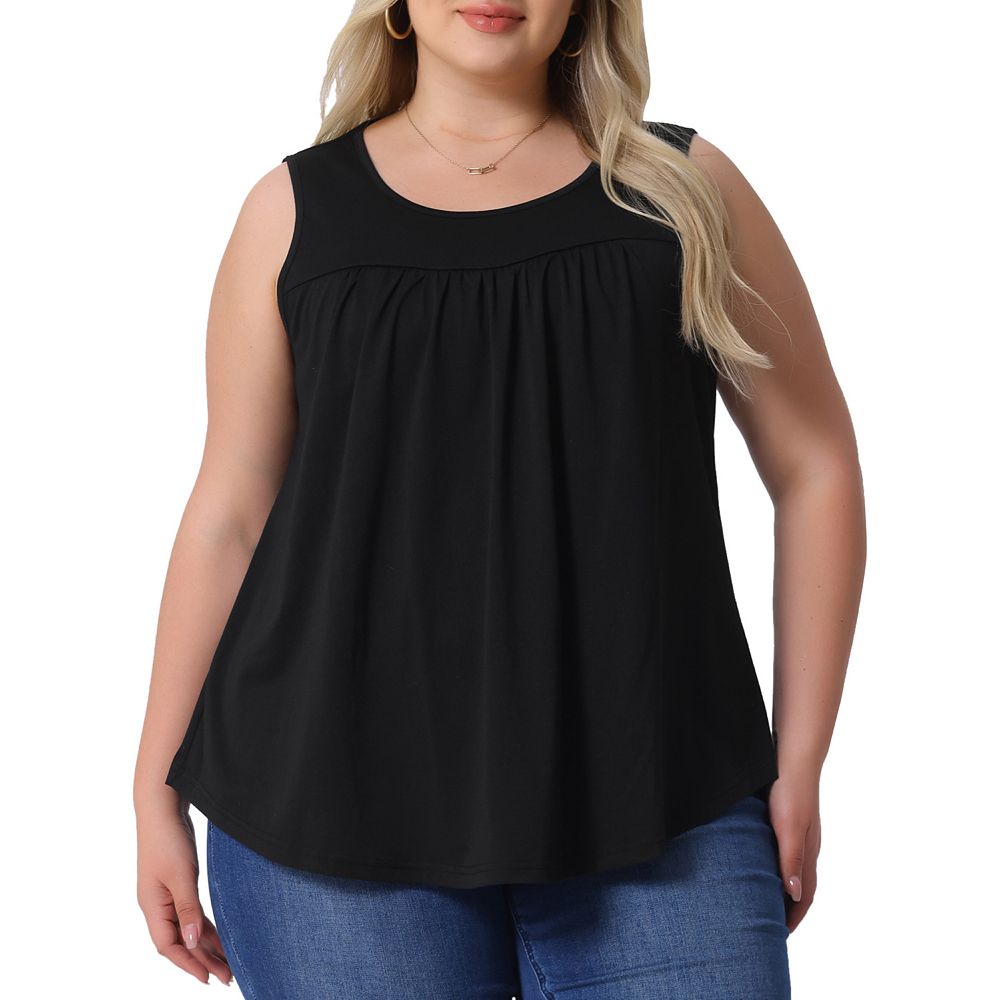 Plus Size Boho Tops for Women Round Neck Pleated Sleeveless Curved Hem ...