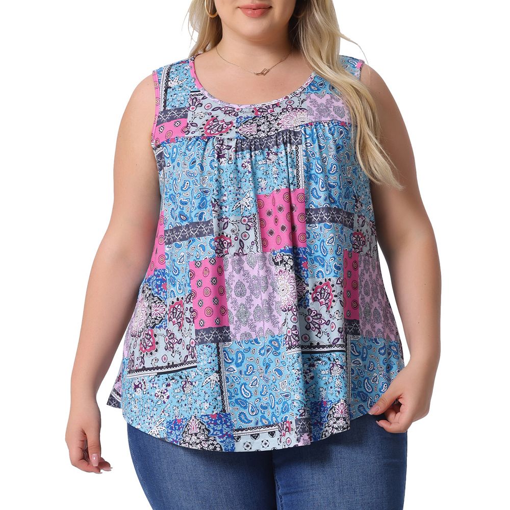 Plus Size Boho Tops for Women Round Neck Pleated Sleeveless Curved Hem ...