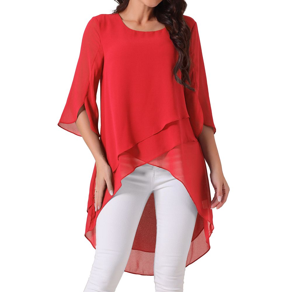 Women's High Low Tops Scoop Neck Chiffon Blouse Asymmetrical Loose ...