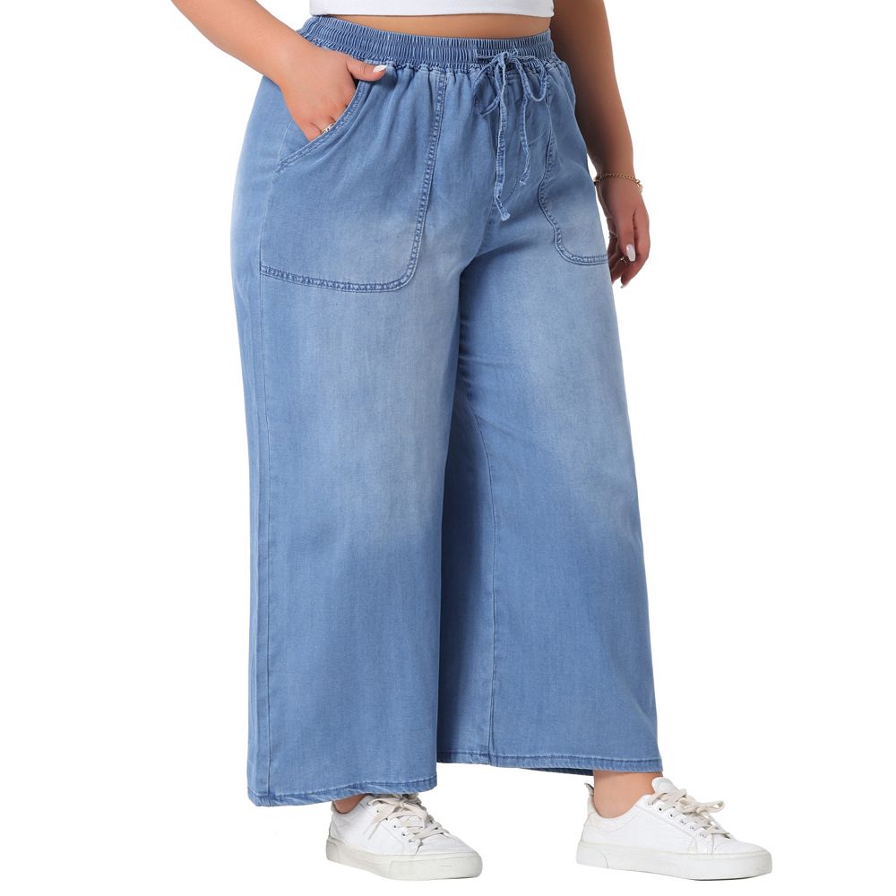 Women's Plus Size Drawstring Elastic Waist Wide Leg Chambray Palazzo ...