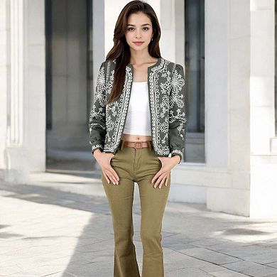 Women's Embroidered Open Front Jacket with Long Sleeves and Floral ...