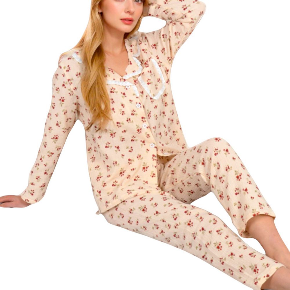 Women's Floral Print Button-Up Long Sleeve Pajama Set with Ruffle Details