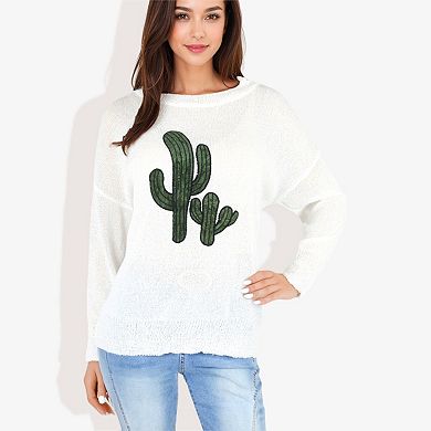 Women's Long Sleeve Knit Sweater with Cactus Embroidery