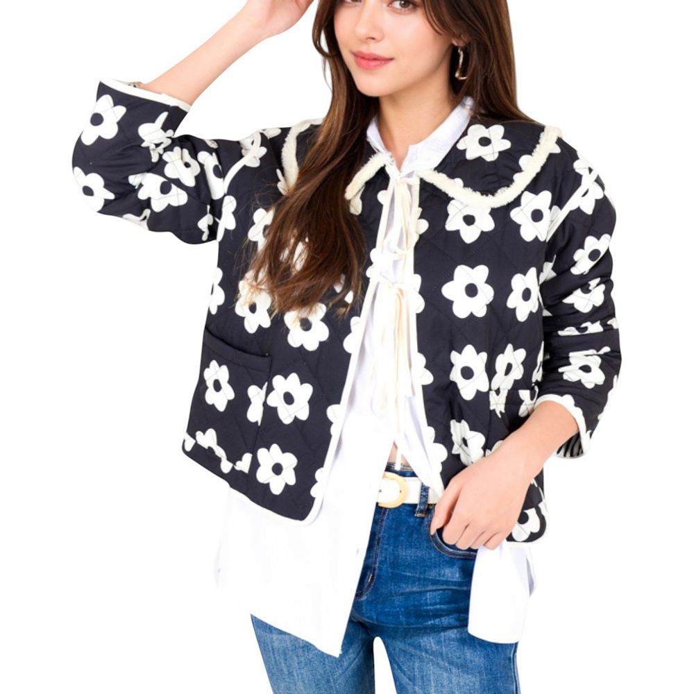 Women's Floral Quilted Jacket with Peter Pan Collar and Tie Closure