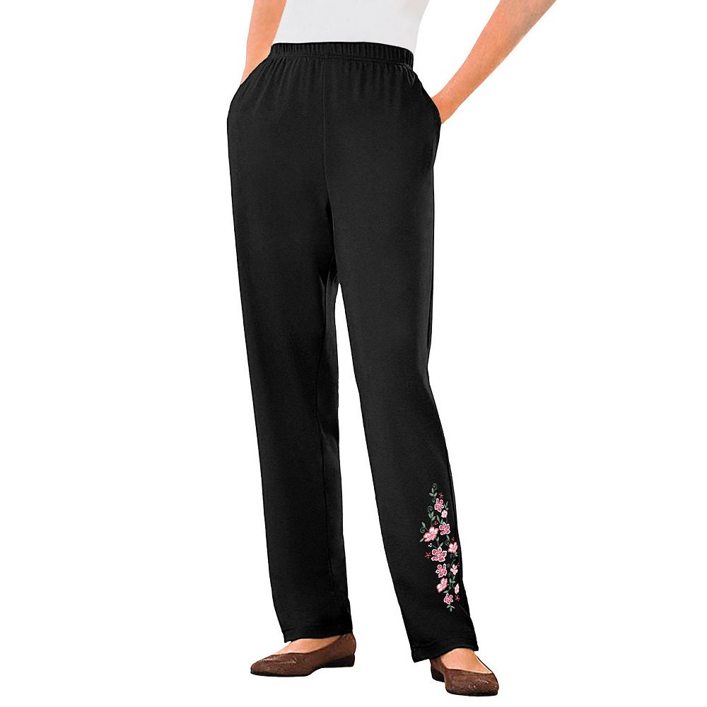 Woman Within Plus Size 7-Day Knit Embroidered Straight-Leg Pull-On Pants
