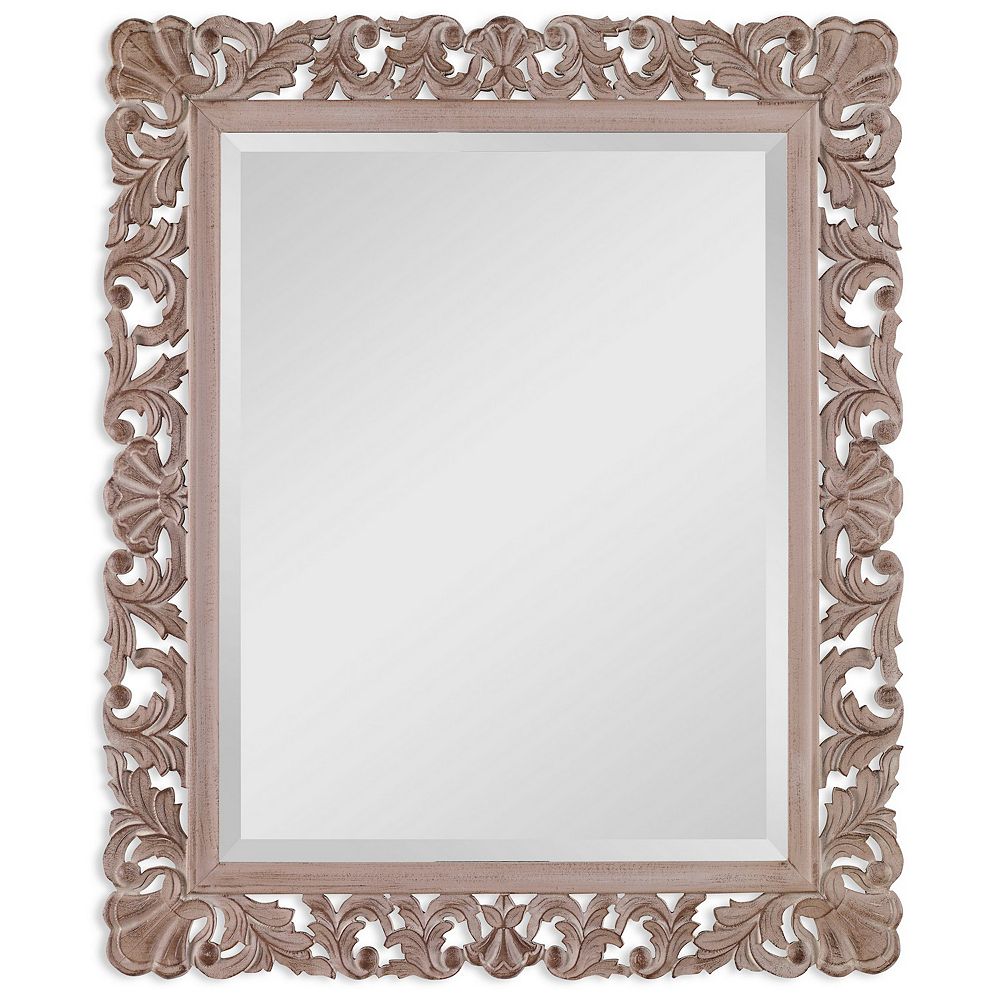 Rectangular Filigree Carved Wooden Frame Mirror, Natural Brown