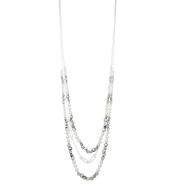 Nine West Silver Tone Beaded Multi-Row Necklace