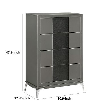 Rya 48 Inch Tall Dresser Chest, 4 Drawers, Gray Wood, Angled Chrome Legs