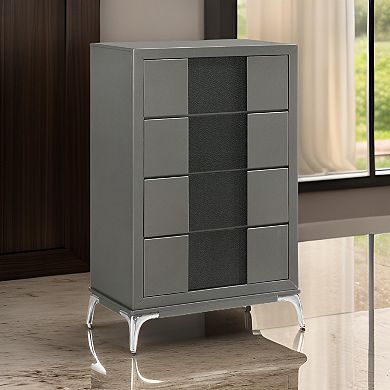 Rya 48 Inch Tall Dresser Chest, 4 Drawers, Gray Wood, Angled Chrome Legs