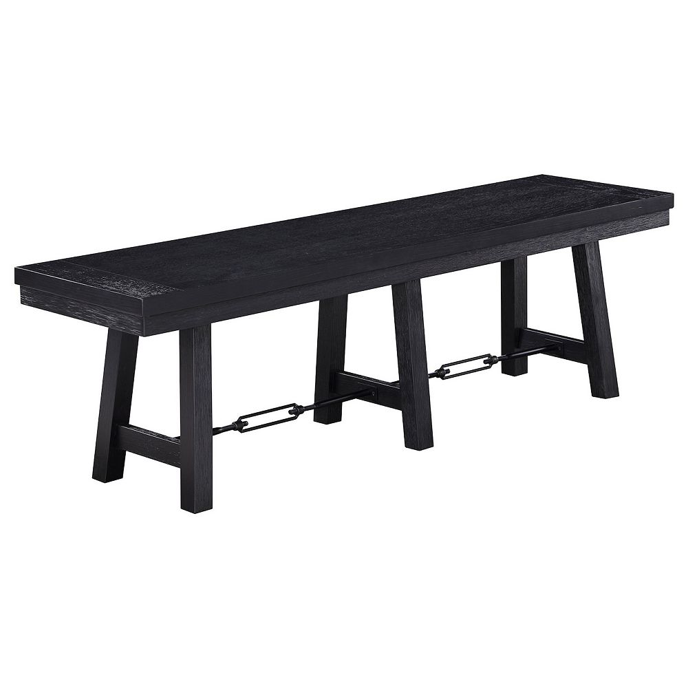 Brar 60 Inch Bench, Trestle Braced Base Design, Black Asian Hardwood, Iron