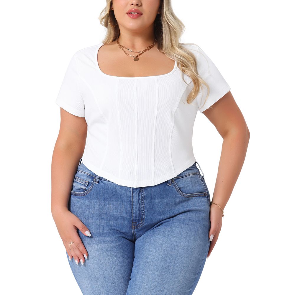 Plus Size Top for Women Basic Short Sleeve Square Neck Slim Fitted Crop ...