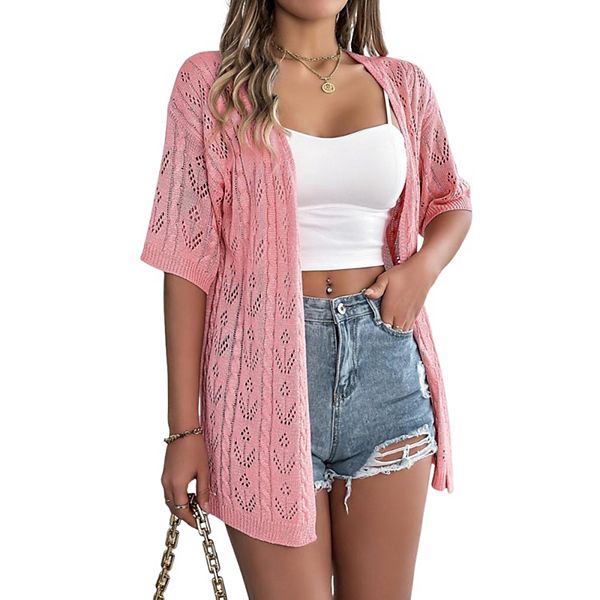 Women's Lightweight Crochet Sweater Short Sleeve Cardigan Knit Hollow ...