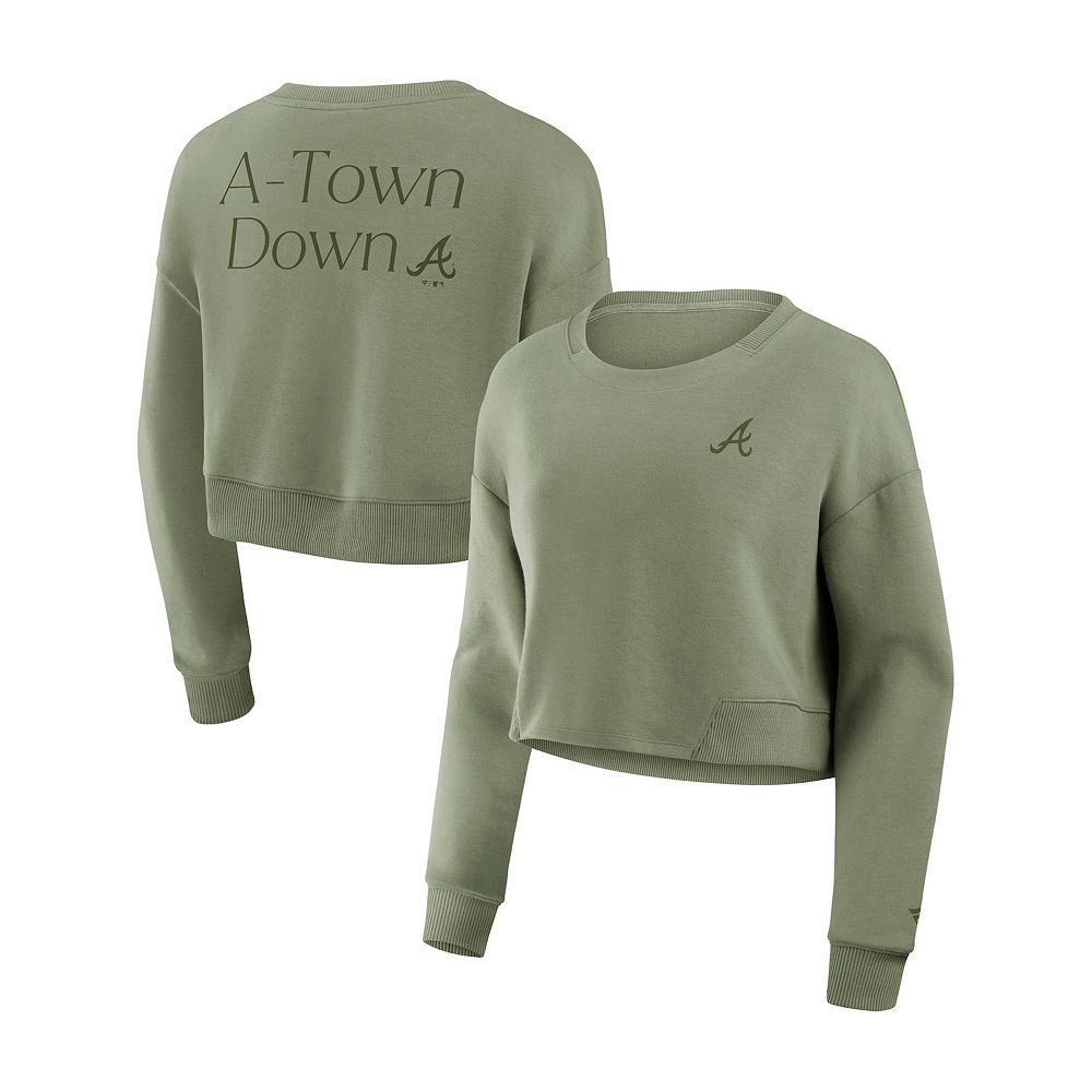 Women's Fanatics Olive Atlanta Braves Studio Cropped Pullover Sweatshirt