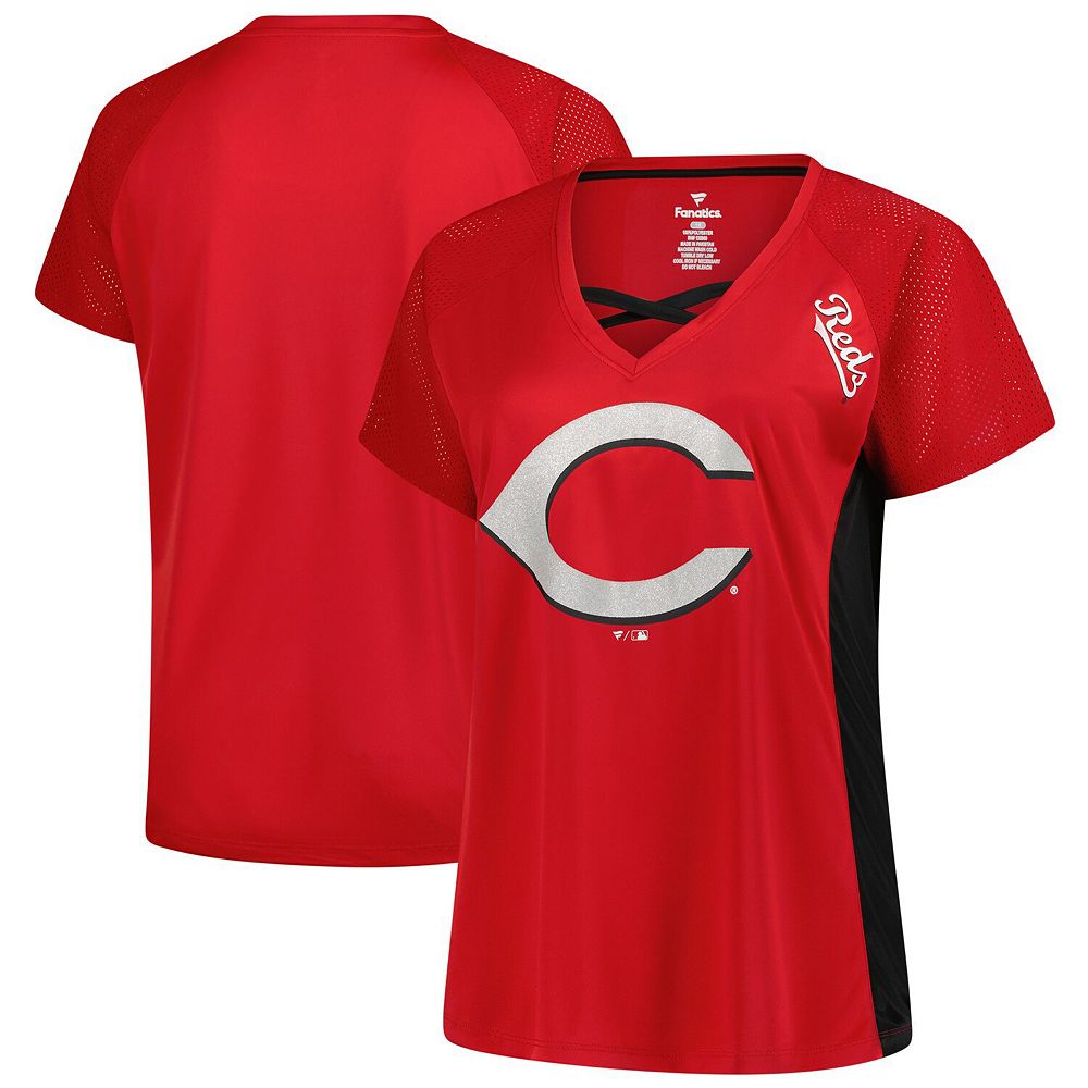 Women's Profile Red Cincinnati Reds Glitter Raglan V-Neck T-Shirt