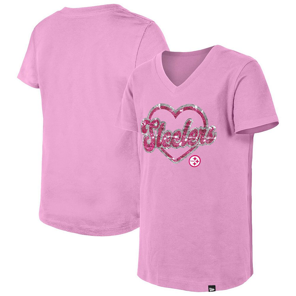 Girls Youth New Era Pink Pittsburgh Steelers Flip Sequins V-Neck T-Shirt
