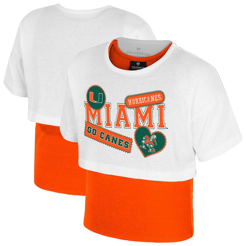 Girl's Youth Colosseum White Miami Hurricanes Gale Cropped 2Fer Top