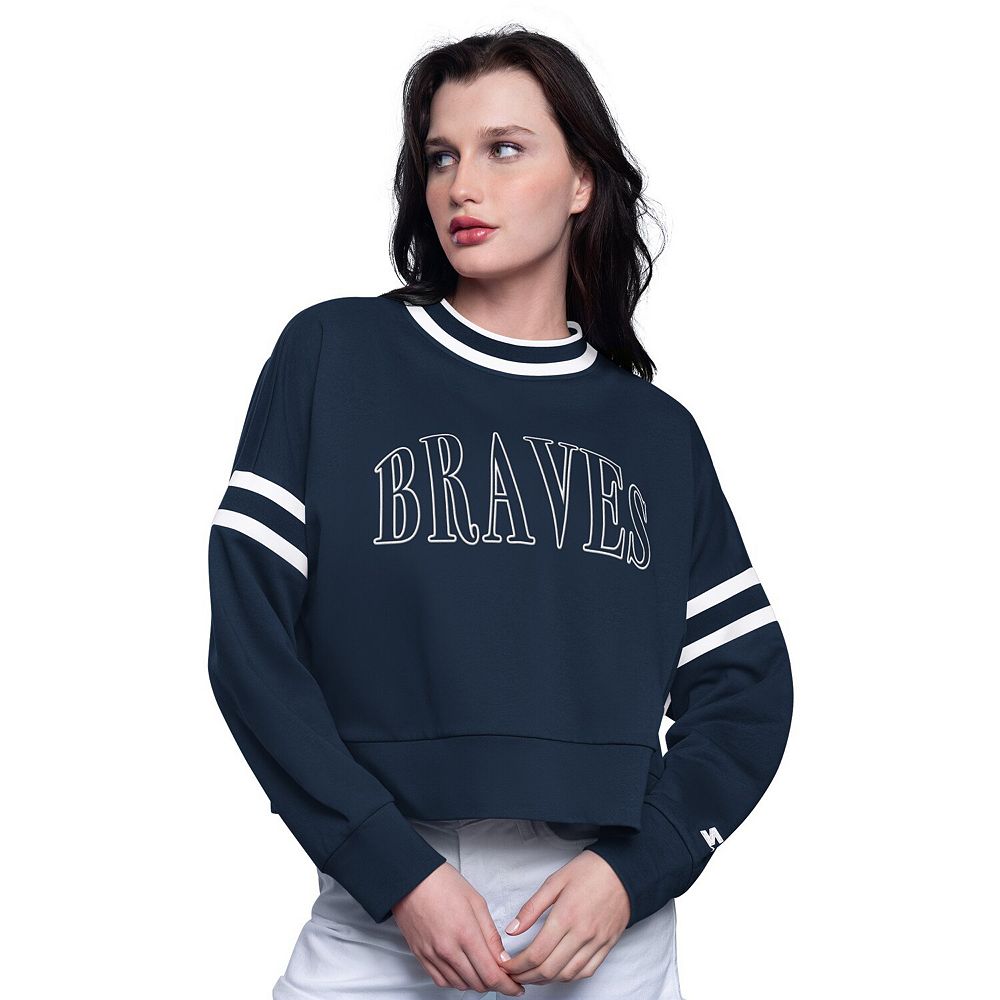 Women's Starter Navy Atlanta Braves Power Play Cropped Pullover Sweatshirt