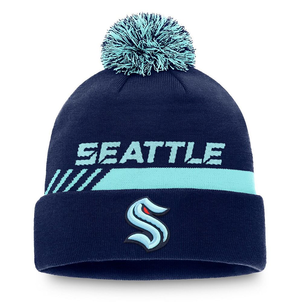 Men's Fanatics Deep Sea Blue Seattle Kraken Authentic Pro Locker Room Cuffed Knit Hat with Pom