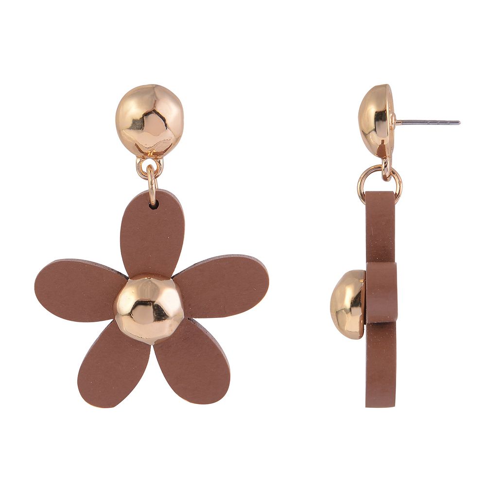 Emberly Gold Tone Brown Faux Leather Flower Nickel Free Drop Earrings