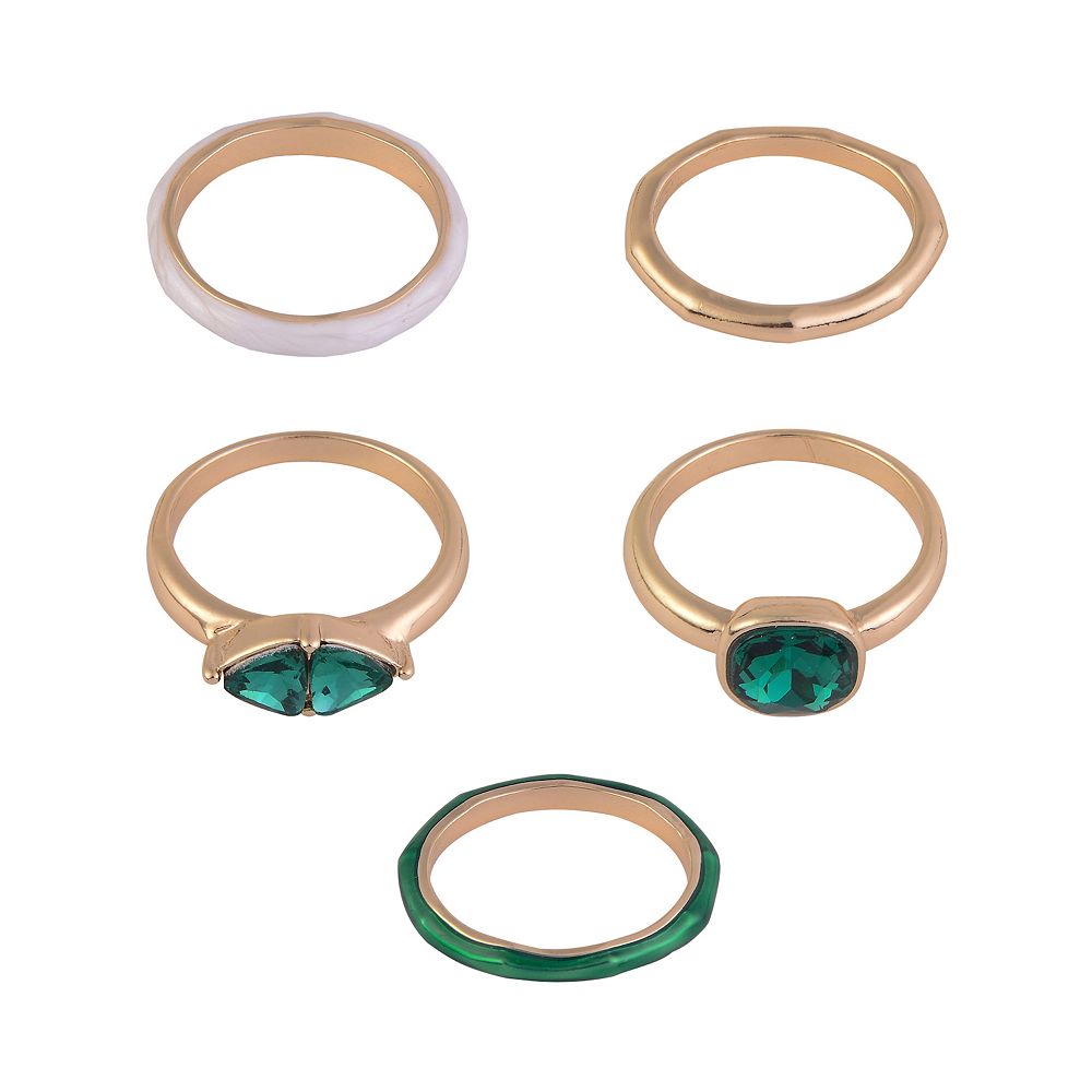 Emberly 5pc Gold Tone and Green Stone Ring Set