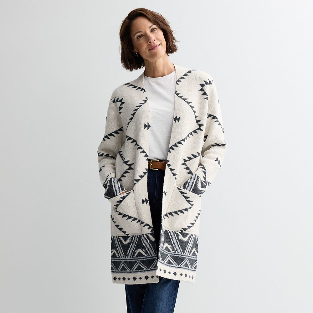 Women's Chelsea & Theodore Open Front Jacquard Cardigan with Patch Pockets