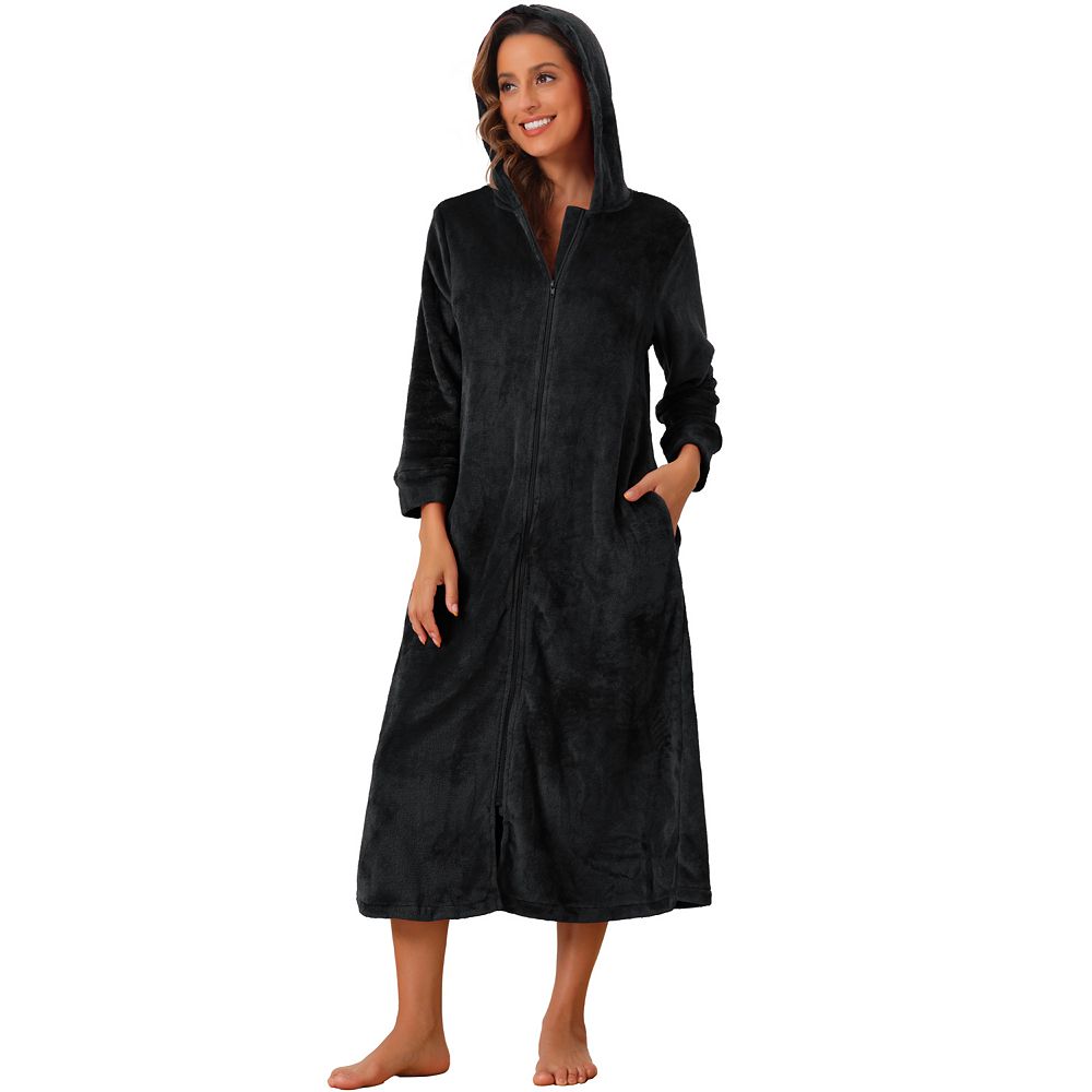 Women's Flannel Robe Fluffy Plush Long Zip Front Bathrobe with Pockets Warm Soft Zippered Bathrobes