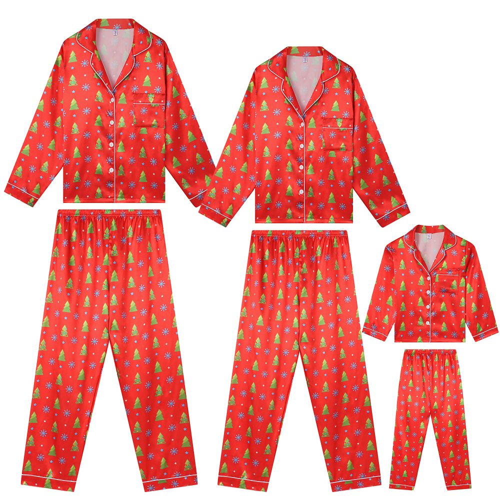 Satin Long Sleeve Button Down Pjs Tree Print Festival Party Sleepwear ...